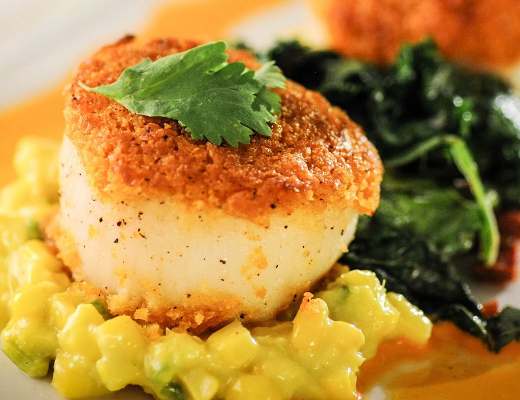 Chorizo-Crusted Scallops | Here at a Glance | Here at a Glance